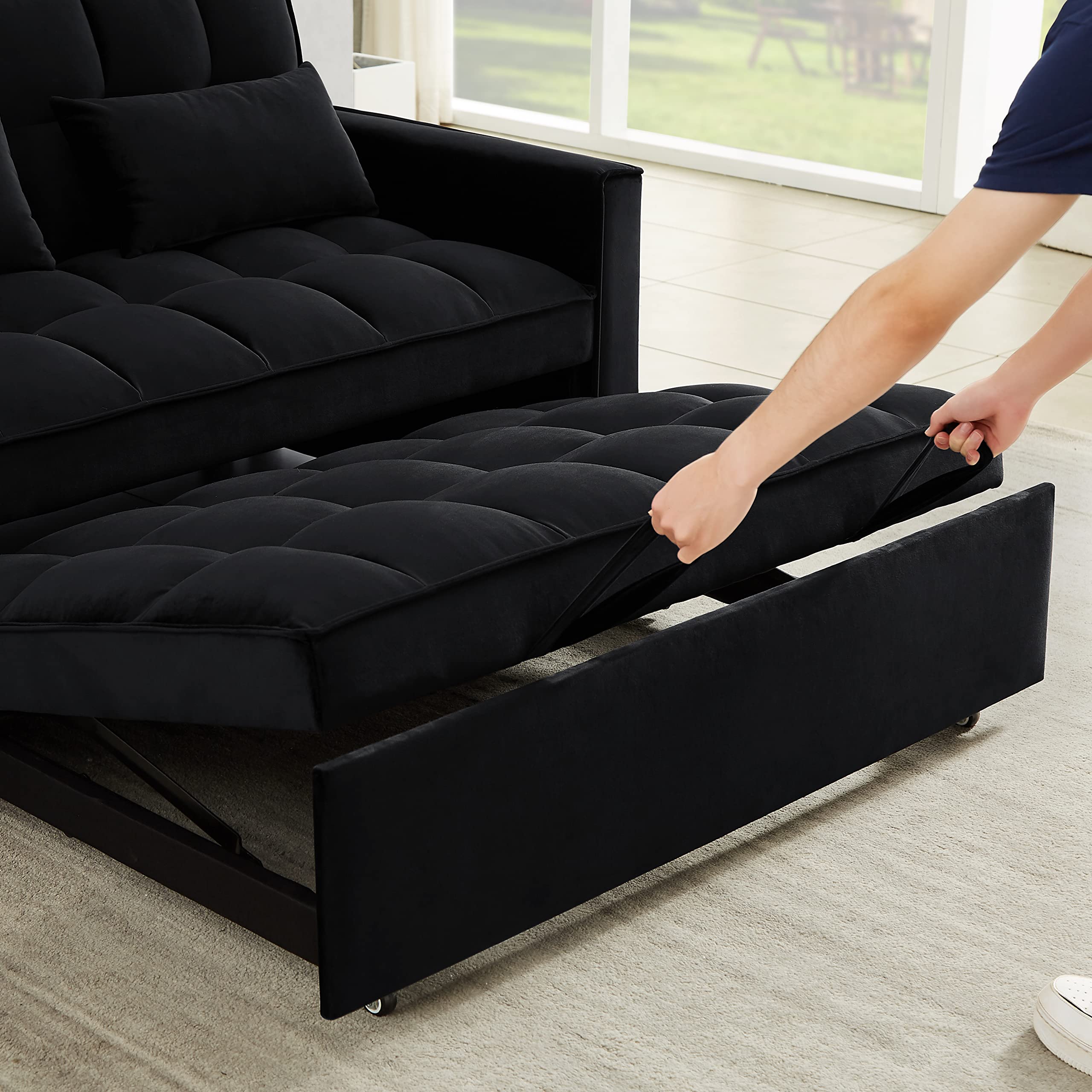 Antetek Convertible Sleeper Sofa Bed, 3 in 1 Velvet Loveseat Futon Sofa Couch with Pullout Bed, Black, 54"