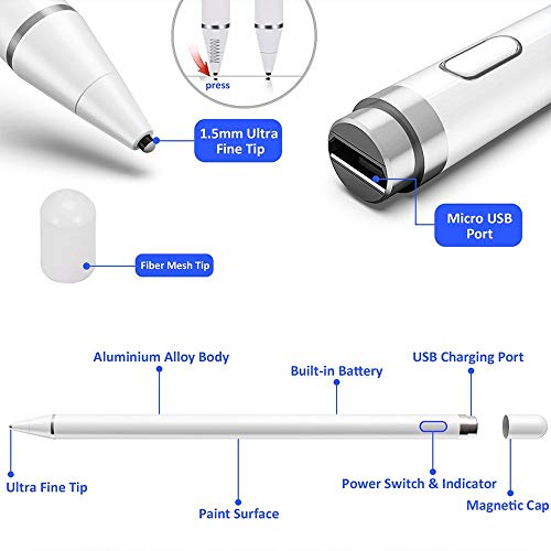 Active Stylus Pen Compatible for iOS&Android Touch Screens,Stylus Pens for Touch Screens,Rechargeable Stylus for i-Pad/Pro/Air/Mini/i-Phone/Cellphone/Samsung/Tablet Drawing&Writing (White)