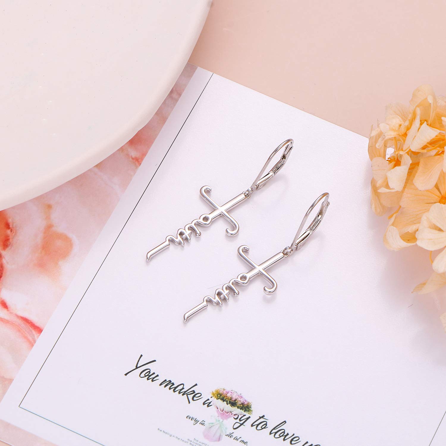 925 Sterling Silver Infinity Love of God Simple Dainty Religious Faith Cross Dangle Fishhook Earrings for Women Christian Easter Jewelry