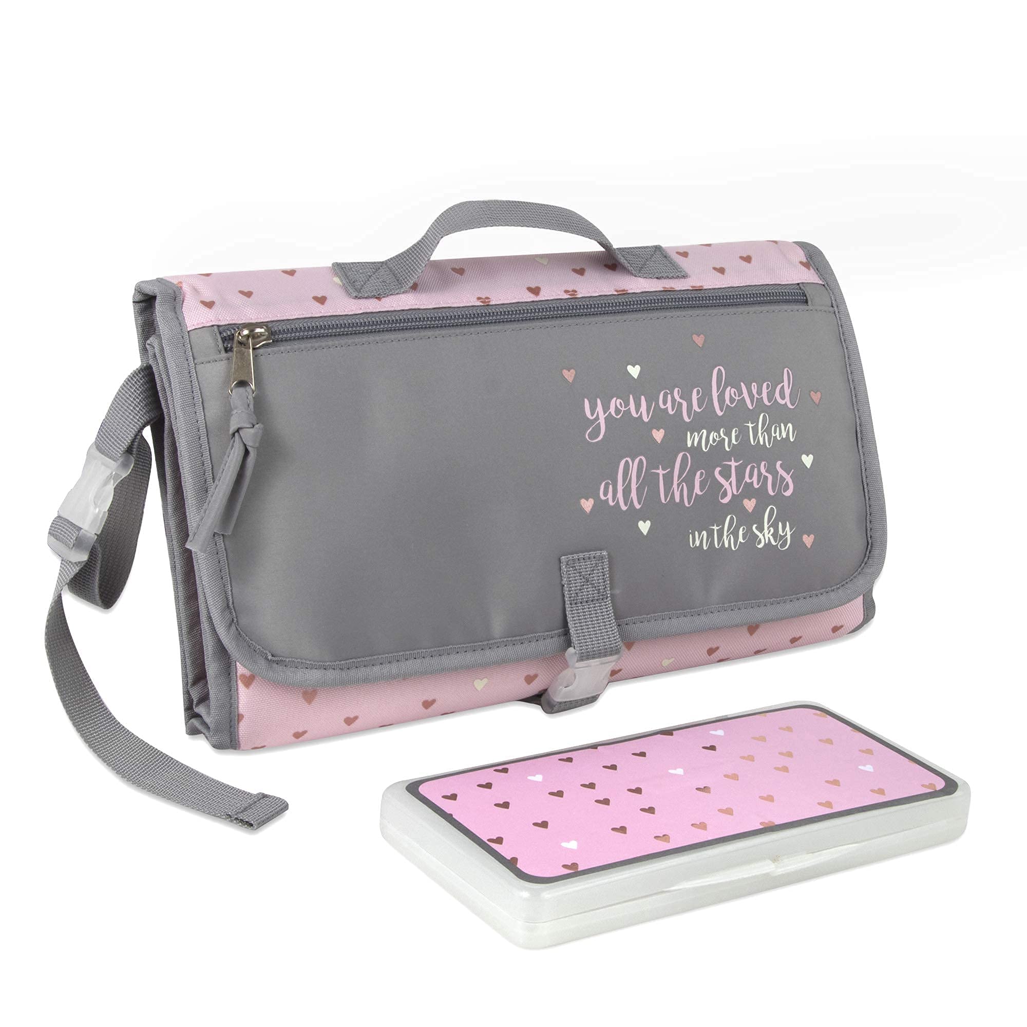 Portable Diaper Changing Pad Station Waterproof for Baby Girl, Boy with Padded Head Rest, Wipes Dispenser (Pink Hearts)
