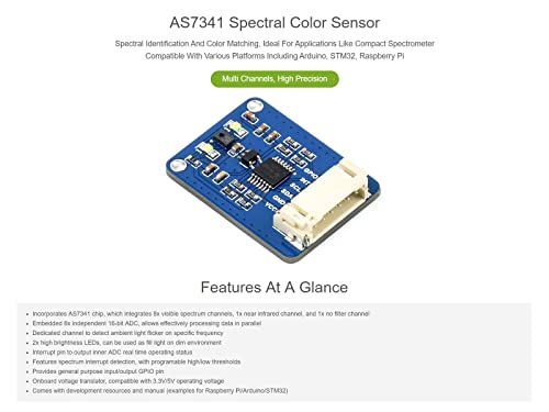 Waveshare AS7341 Spectral Color Sensor Visible Spectrum Sensor High Precision I2C Bus Compatible with Raspberry Pi 5/4B/3B/Zero/Zero W/Zero 2W/Pico/Pico W/Pico WH