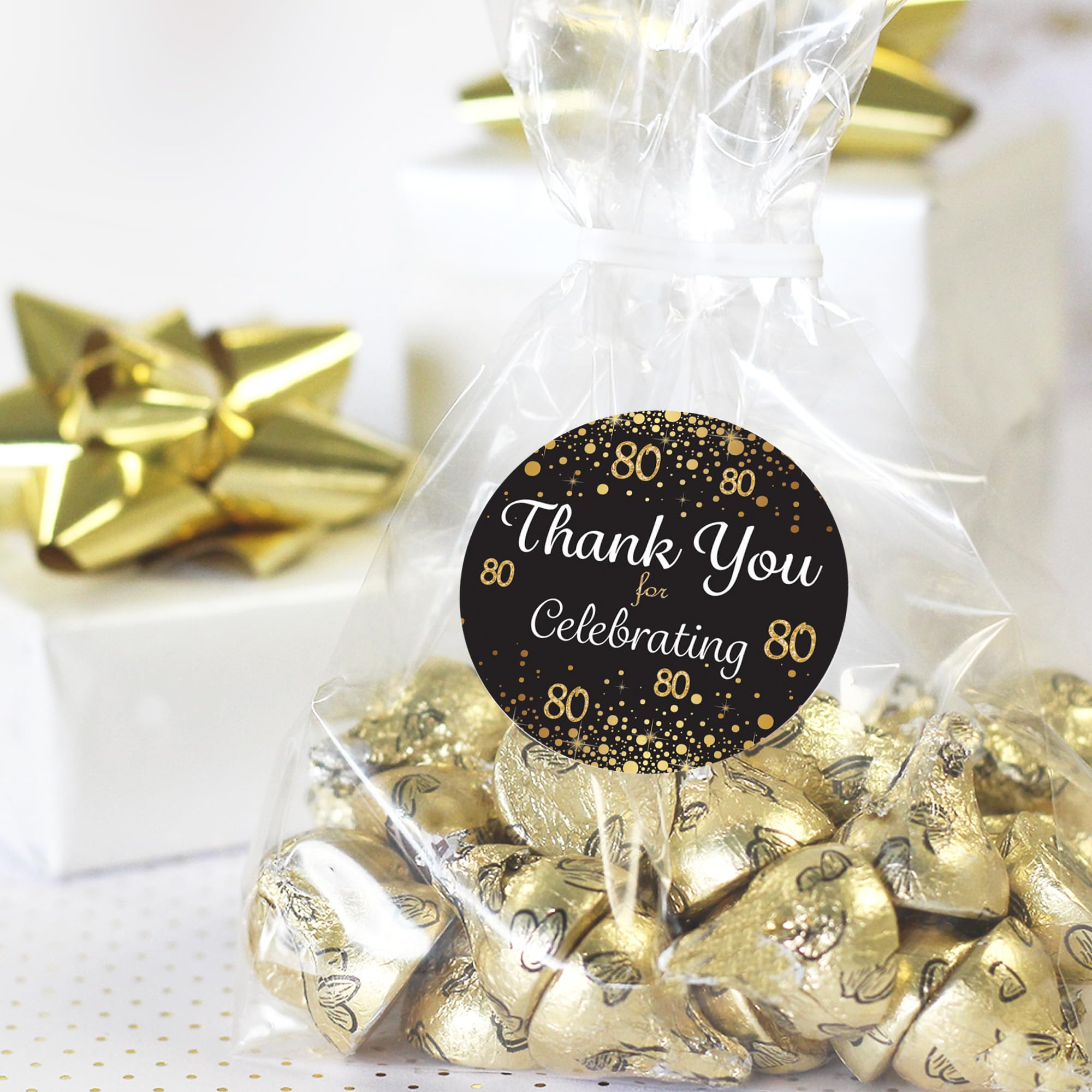 Black and Gold 80th Birthday Party Thank You Stickers - 1.75 in - 40 Labels
