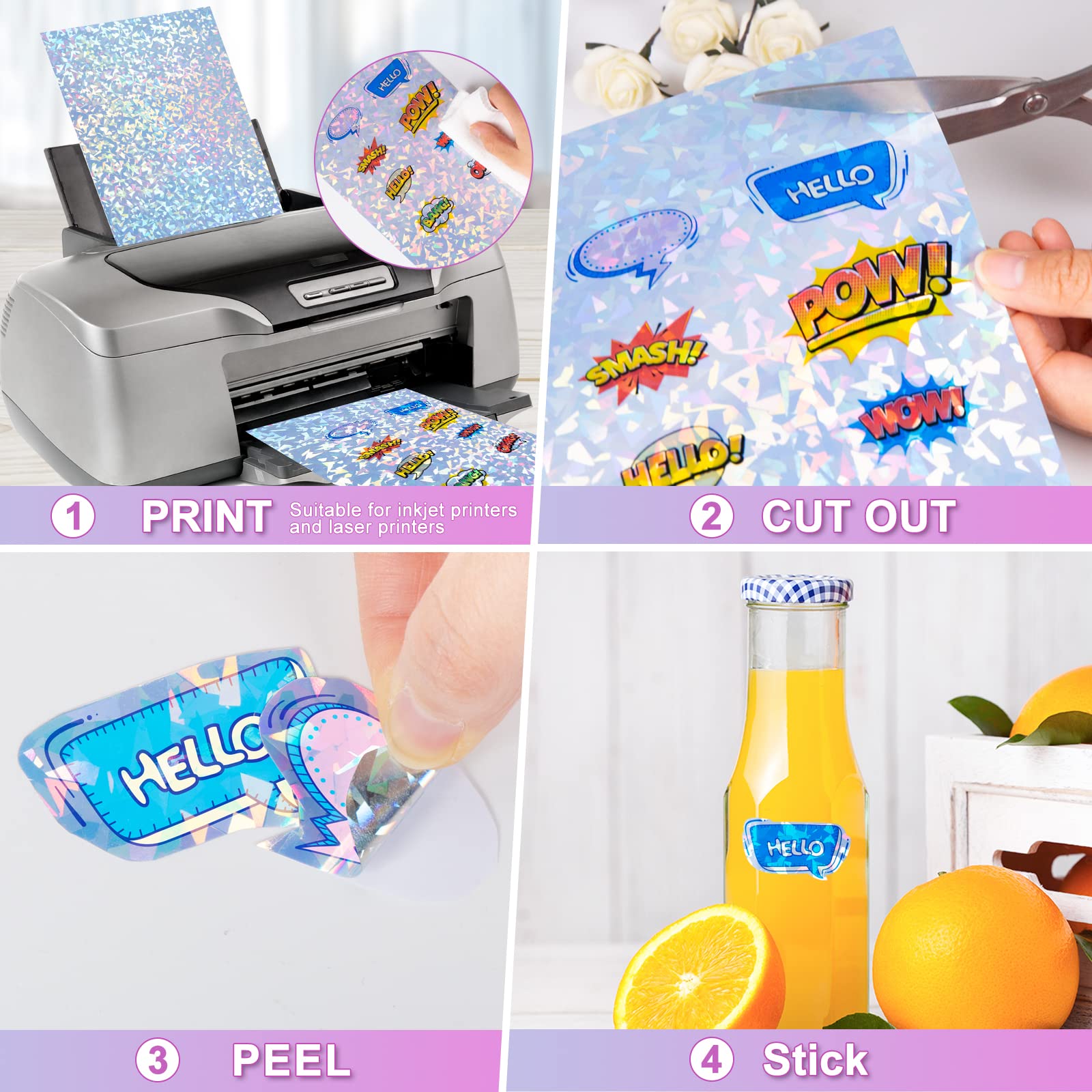 20 Sheets Holographic Sticker Paper for Inkjet & Laser Printer, Printable Vinyl Sticker Paper, Dries Quickly Sticker Paper Waterproof - 8.5x11 inch, Diamond/Rainbow/Dots/Transparent