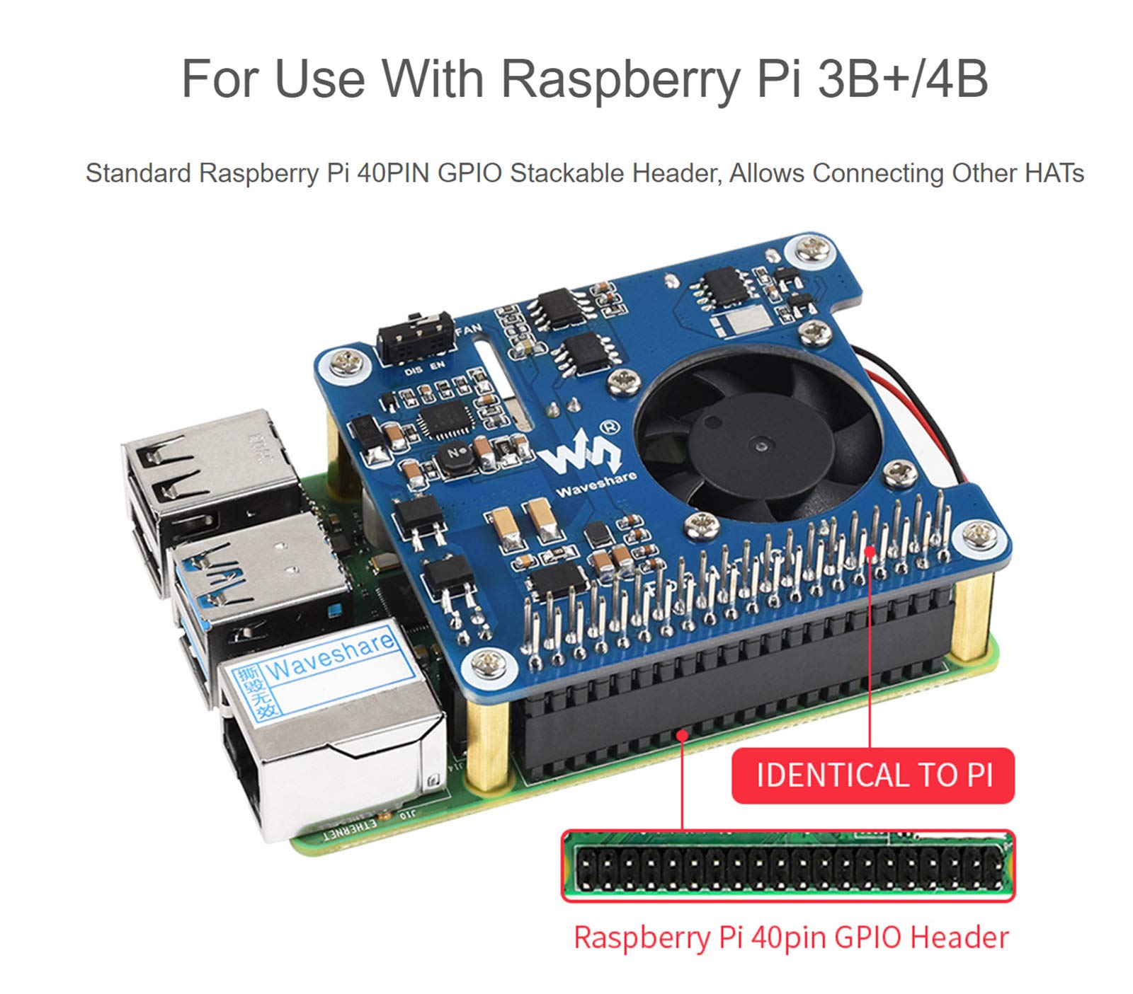 waveshare Power Over Ethernet (PoE) HAT for Raspberry Pi 4B/3B+, 802.3af/at PoE Network Standard, 5V USB-A&12V Header Outputs, PoE HAT Onboard Cooling Fan and MP8676 Buck Chip, Isolated
