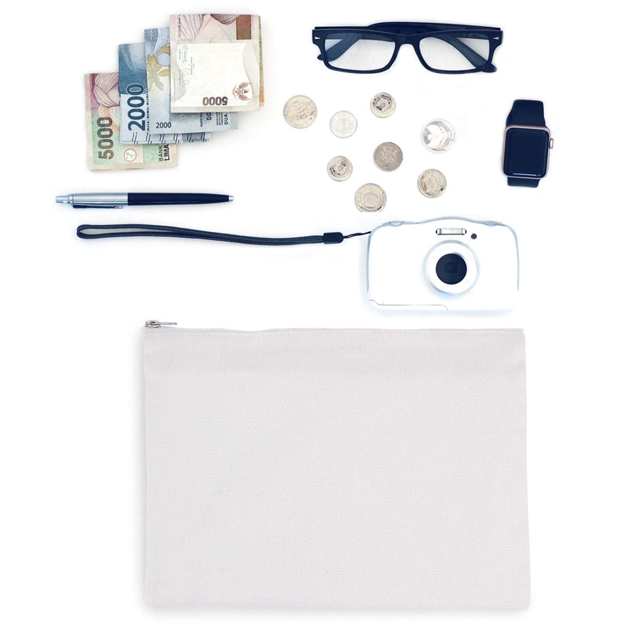 YINGKOR Cotton Canvas Zipper Cosmetic Bag Makeup Bags Tool Organizer with Cotton Lining 20x28cm, White, 7.87x11.02 inches, 20x28cm, Pack of 2