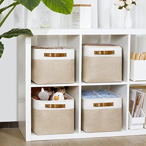 DULLEMELO Fabric Storage Bins for Laundry, Home, Foldable Storage Baskets for Shelves, Toys, Collapsible Storage Bins for Office, Closet,Bedroom(White&Khaki,15"x11"x9.5",4-Pack)