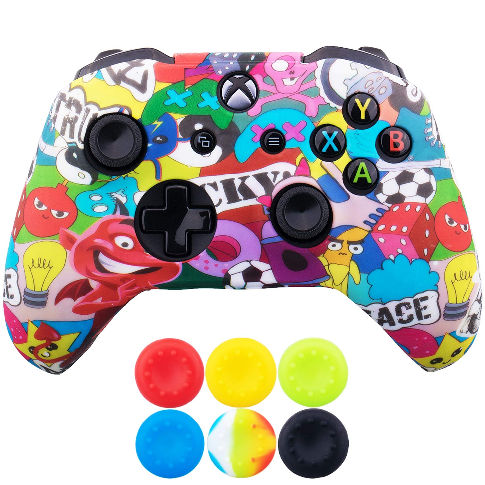 9CDeer 1 Piece of SiliconeTransfer Print Protective Cover Skin + 6 Thumb Grips for Xbox One/S/X Controller Grimasse