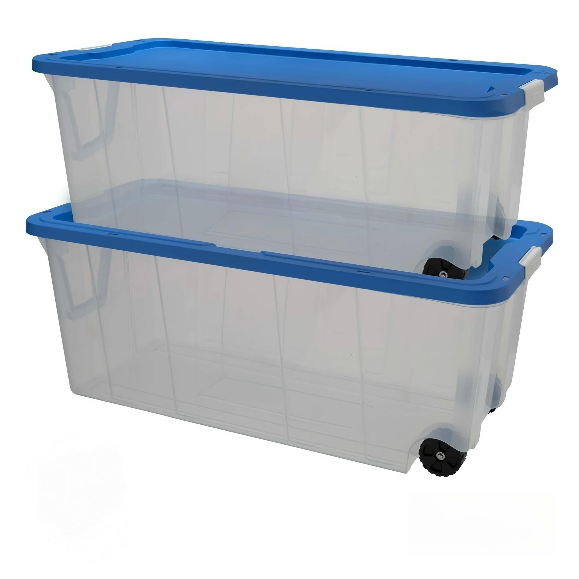 200 Quart Latching Rolling Plastic Storage Bin Container, Clear, Set of 2