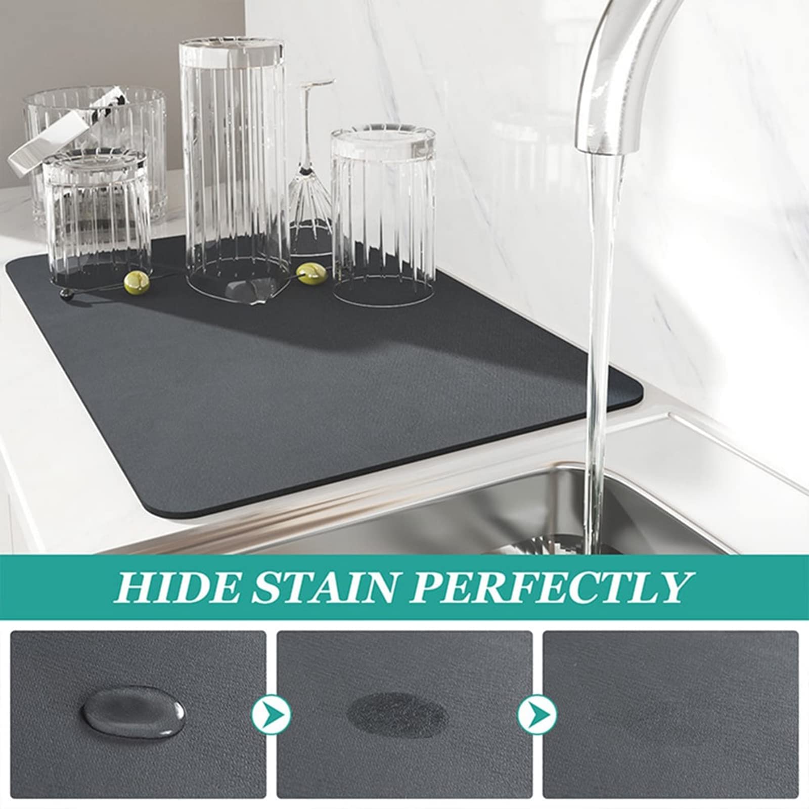 2023 New Kitchen Super Absorbent Draining Mat, No Rinse Coffee Maker Mat for Countertops, No Water Marks Coffe Mat Drying Mat, Anti-Slip Tableware Mat for Kitchen Counter Sink (D-15.7inX19.6in Gray)