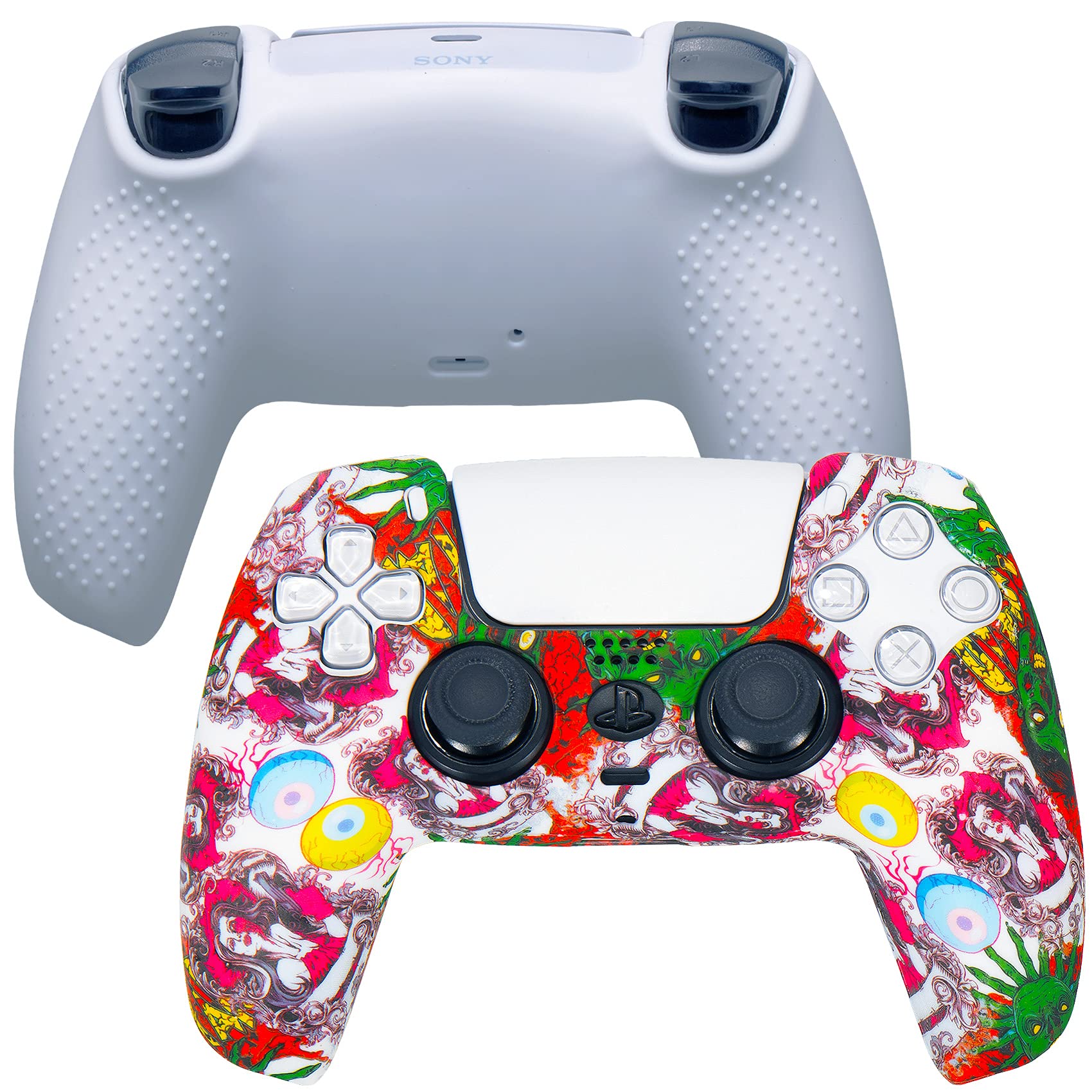 9CDeer 1 Piece of Silicone Transfer Print Protective Cover Skin + 10 Thumb Grips for PlayStation 5 / PS5 Controller Zombie