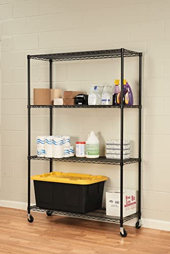 Alera NSF Certified 4-Shelf Wire Shelving Kit with Casters, 48w x 18d x 72h, Black