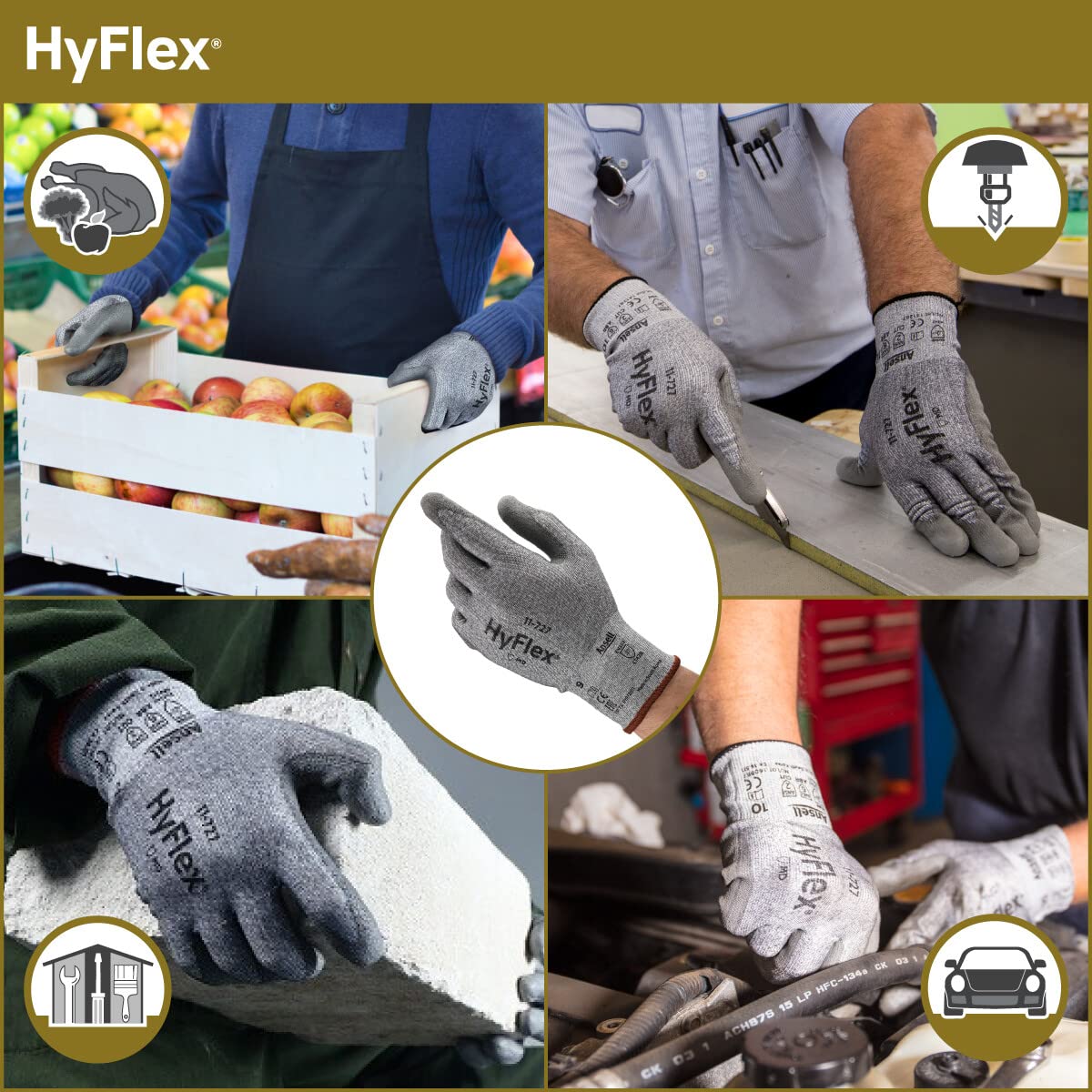 Ansell HyFlex 11-727 Ultralight Cut-Resistant Industrial Gloves w/Reinforced Palm for Machinery, Auto, Warehousing - Large, Grey (144 Pairs)