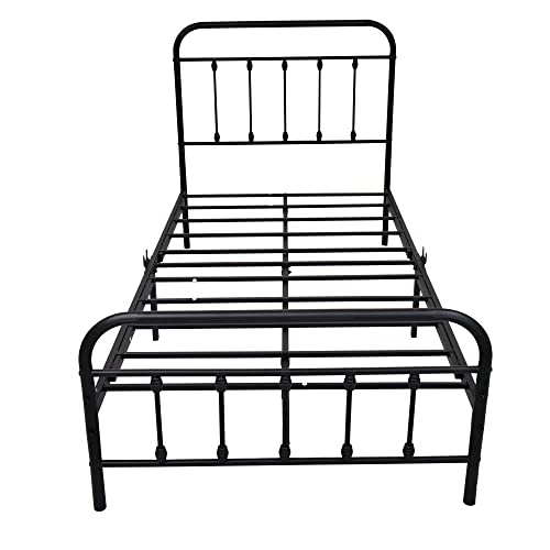 DUMEE Metal Twin Bed Frame with Vintage Headboard and Footboard Sturdy Premium Steel Slat Support No Box Spring Needed, Textured Black