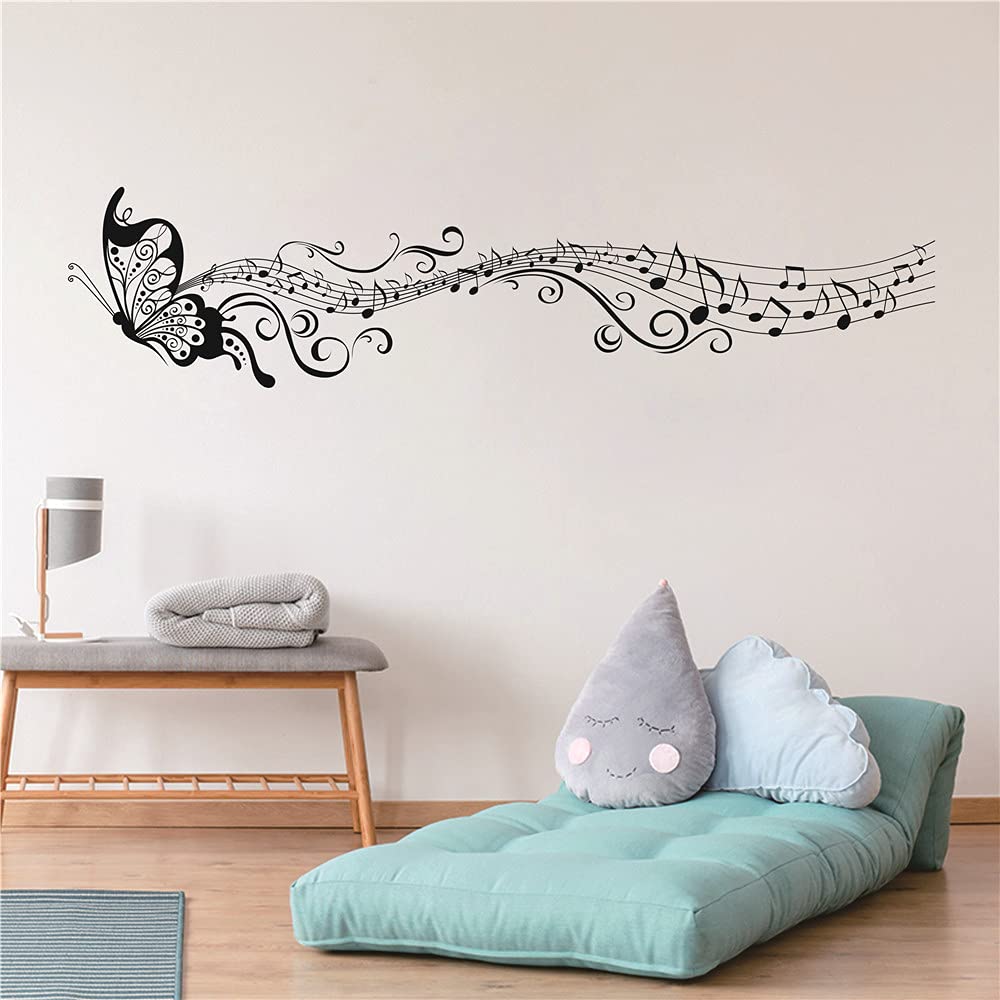Removable Large Flying Butterfly Notes Music Wall Decor Sticker Kids Room Bedroom Butterflies Adhesive for Baby Nursery Room Vinyl Wall Mural TM-55 (Black)