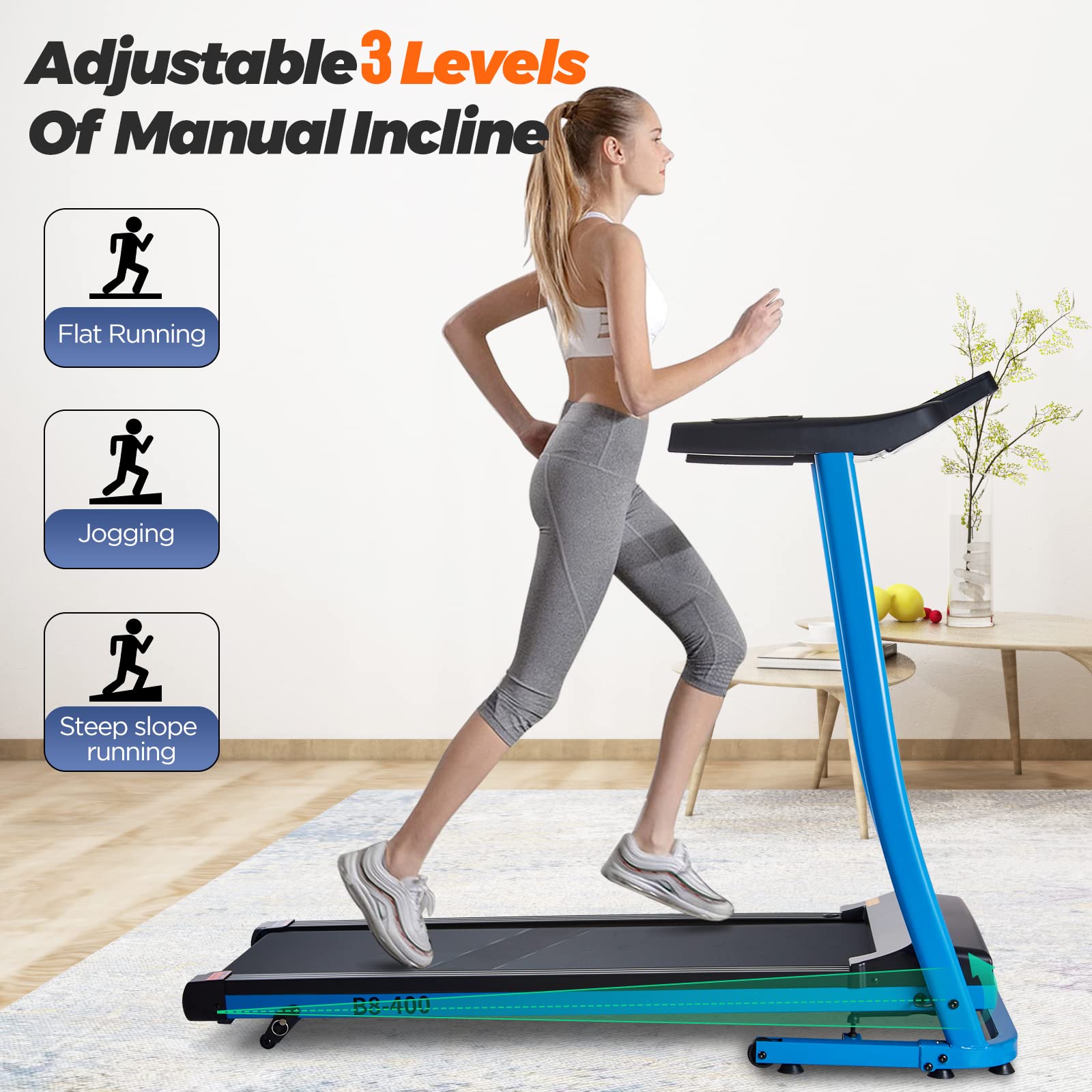 2.5HP Folding Treadmill 3-Speed manually Adjustable Incline Treadmill LED Display can be Connected to Bluetooth Speakers Maximum Adjustable Speed 12 km Weight More Than 300 pounds Blue