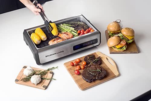 Baumann Living Indoor Smokeless Grill 1500W with Smart LED Touch Screen, Tempered Glass Lid, 2 Removable Ceramic Nonstick Grill & Griddle Plate, in a Sleek Design with Brush Chrome Finish..