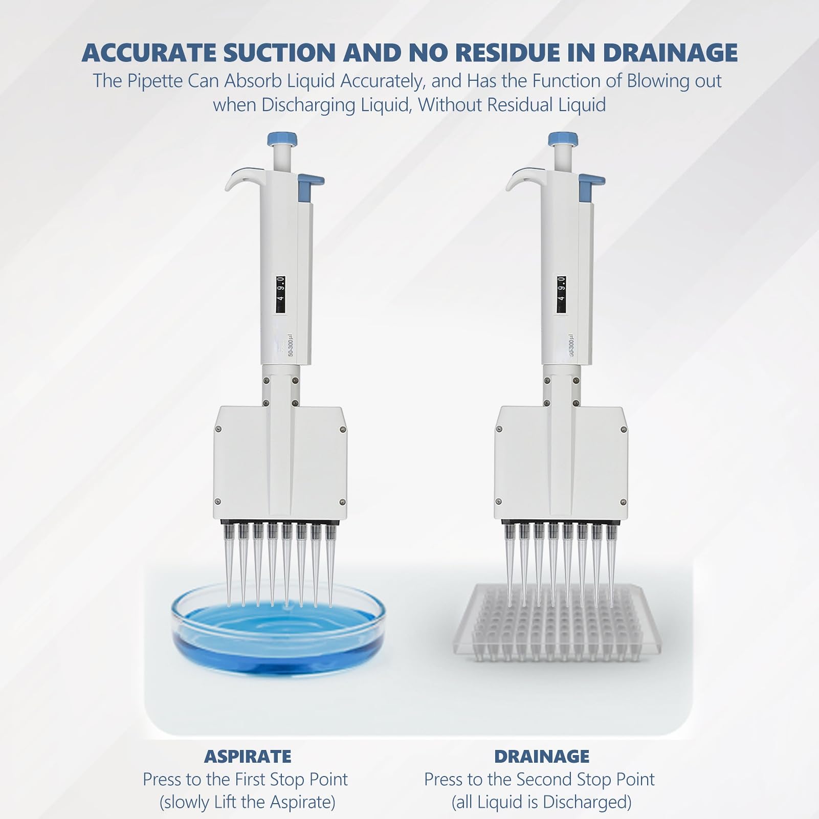 Lab Micropipette Adjustable Volume Pipettor 8-Channel Multichannel Pipett Micro Pipettes Variable Volume Pipettes for Scientific Lab and School 50-300渭l