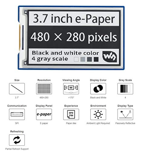 Coolwell Waveshare 3.7inch E-Paper E-Ink Display HAT for Raspberry Pi/Jetson Nano, 480×280 Pixels e-Paper Module, Black/White Color, SPI Interface