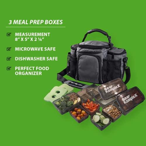 Bear KompleX Insulated Meal Prep Management Lunch Bag, 6 Compartment Lunch Box Cooler Tote with 3 Microwave Dishwasher Safe Portion Control Containers, Reusable Ice Pack, Free Recipe E-Book Included