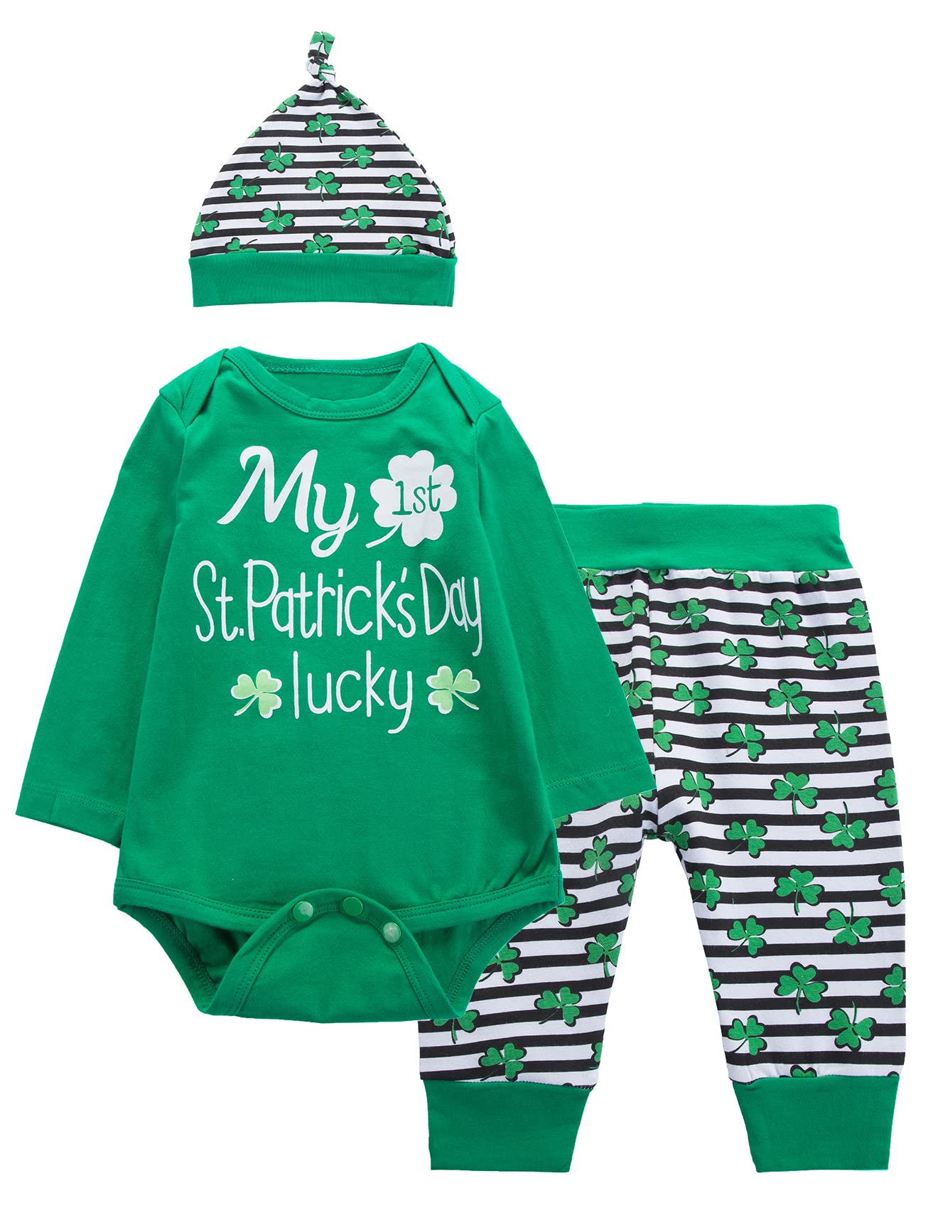 My First St Patrick's Day Lucky Clover Outift Set Baby Boys Girls Stripe Pant Set with Hat (Green, 0-3 Months)
