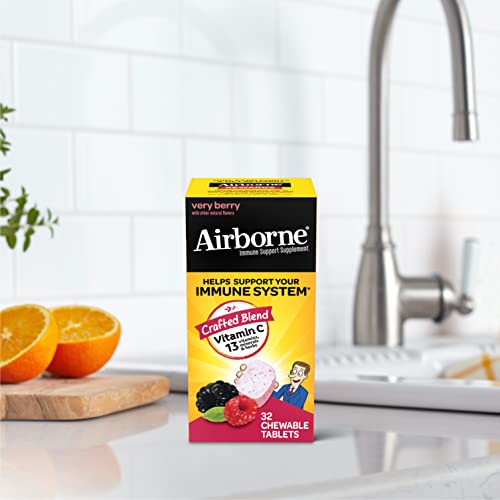 Airborne Vitamin C 1000mg (per serving) - Very Berry Chewable Tablets (32 count in a box), Gluten-Free Immune Support Supplement, With Vitamins A C E, ZINC, Selenium, Echinacea & Ginger, Antioxidants