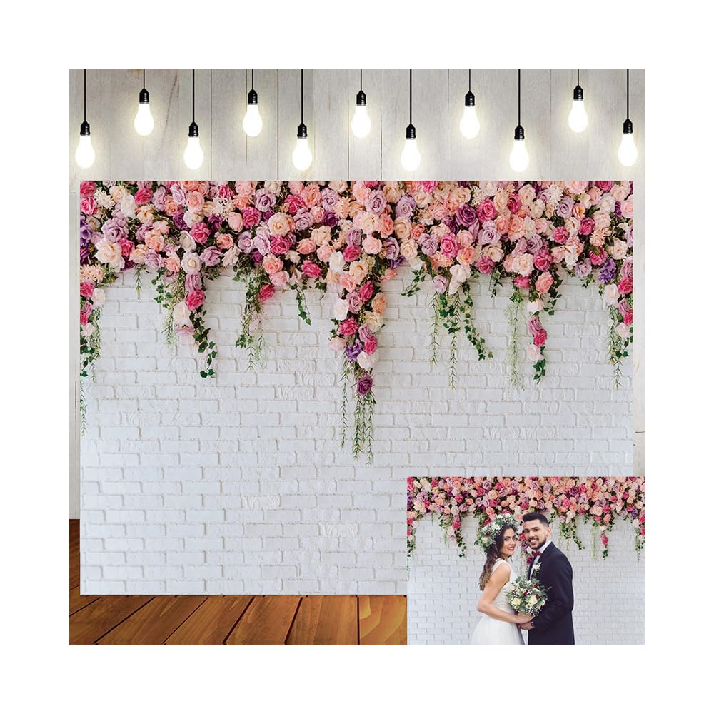 LTLYH 8x6ft White Brick Wall Flowers Backdrop Valentine's Day Theme Photography Backdrop Mother's Day Wedding Bridal Baby Shower Birthday Party Decor Banner 134