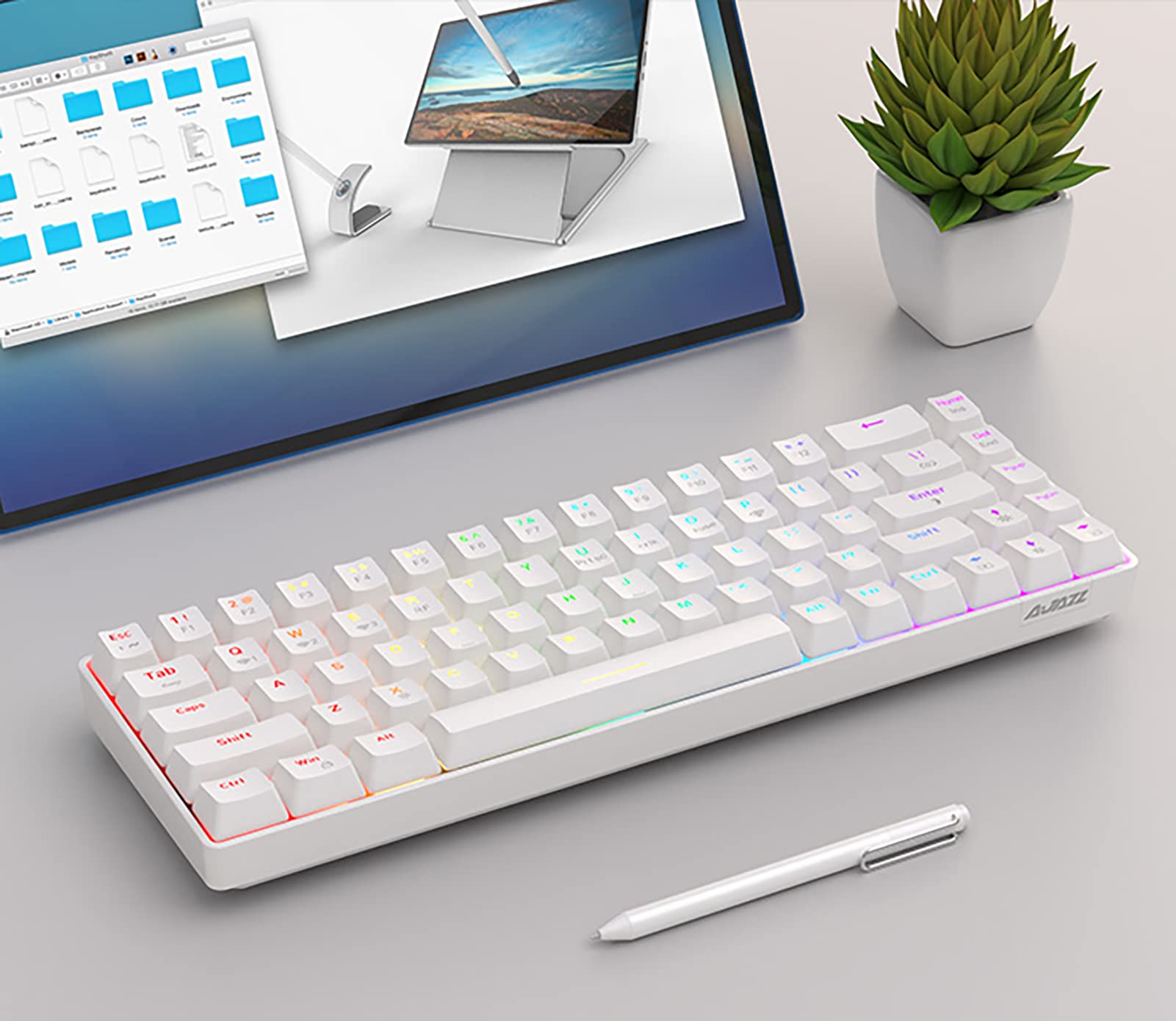 Ajazz K685T Wireless 60% Mechanical Keyboard, Bluetooth/2.4G/Wired Multi-Mode, RGB Backlight, N-Key Rollover 68 Keys, Hot Swap Switch, Compatible for Multi-Device Connection (White, Brown Switch)
