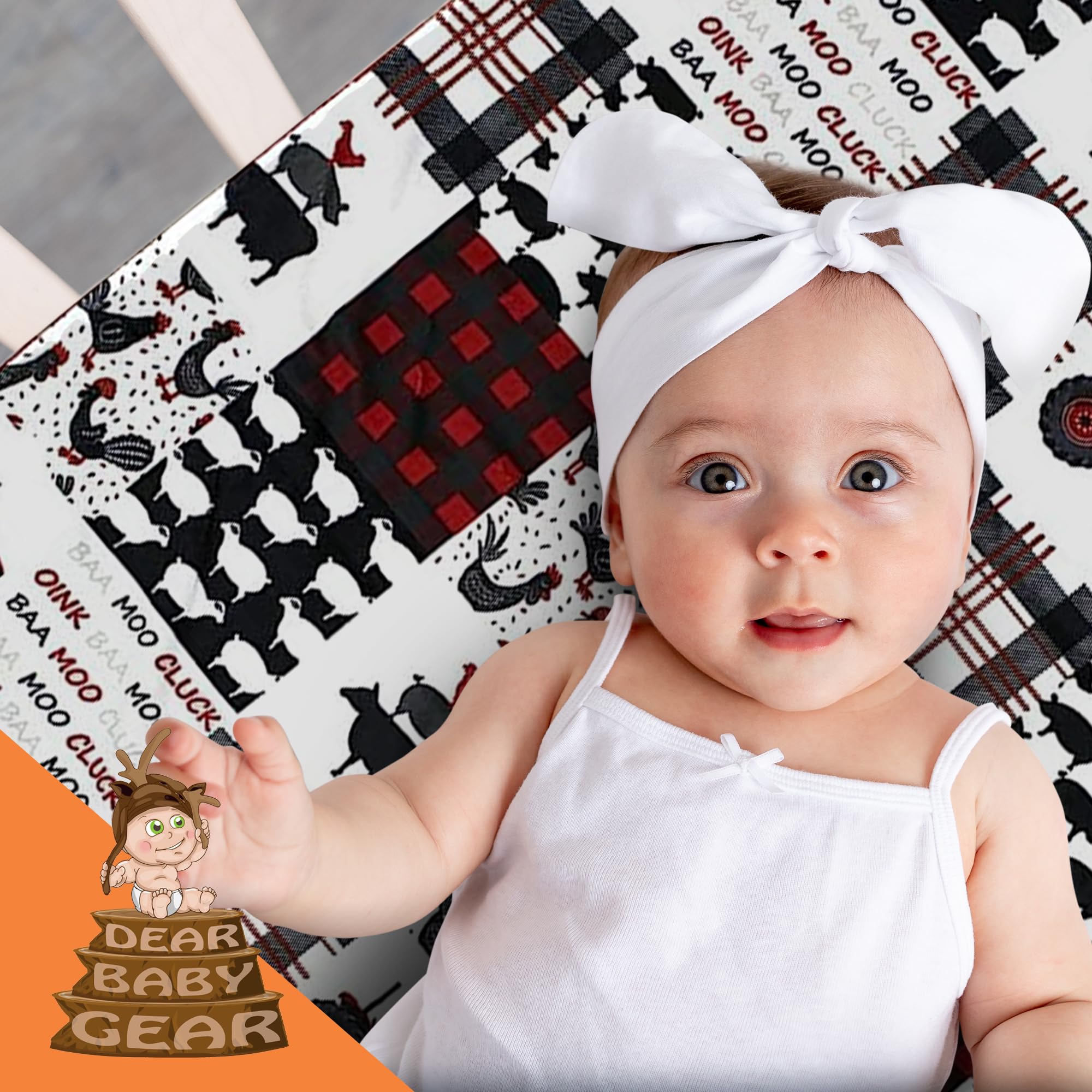 Dear Baby Gear Farm Deluxe Baby Blanket - Double Layer Reversible, Milestone & Infant Gifts for Girls and Boys - Toddler Blankets - Farm Faux Quilt Printed & Red Smooth Fabric, 40 x 30 Inches