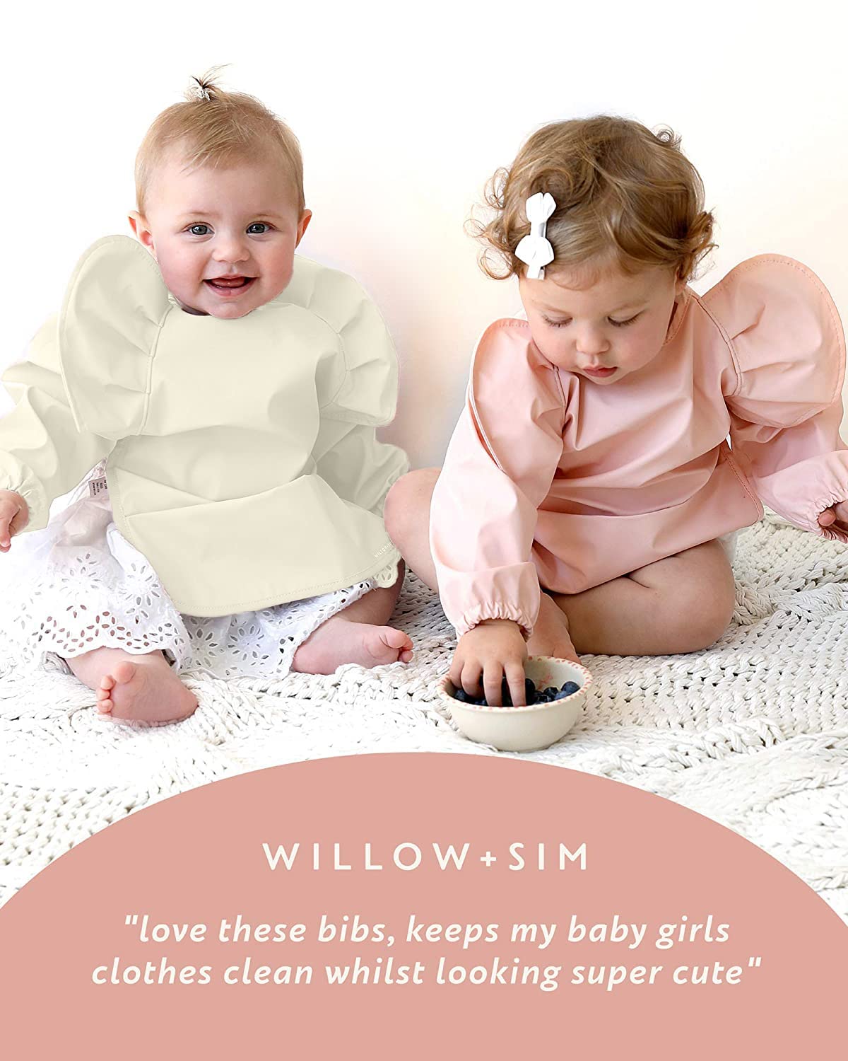 WILLOW + SIM Long Sleeve Baby Bib - Mess-Proof Feeding Bib for Babies 6-24 Months - Antique White
