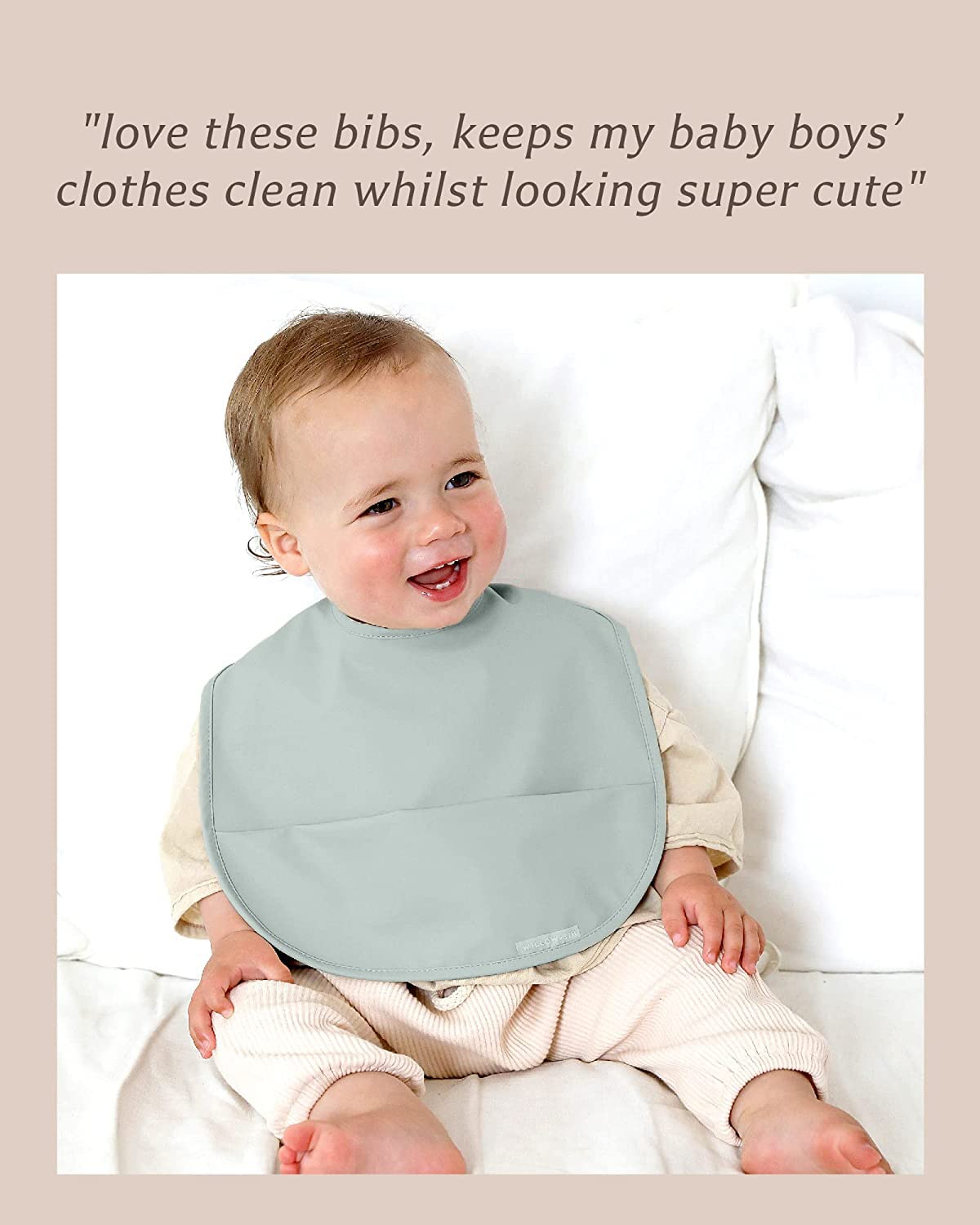 WILLOW + SIM Waterproof Baby Bibs for Baby boy - Better than Silicone & Plastic - Toddler Bibs with Food Catcher - Baby bibs for boys, Feeding bib for Babies and Infants - No Sleeve - Sage