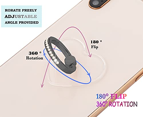 lenoup Transparent Heart Cell Phone Ring Holder Kickstand,Bling Bling Sparkle Diamond Clear Heart Cell Phone Finger Ring Grip Stand(Silver/Black)