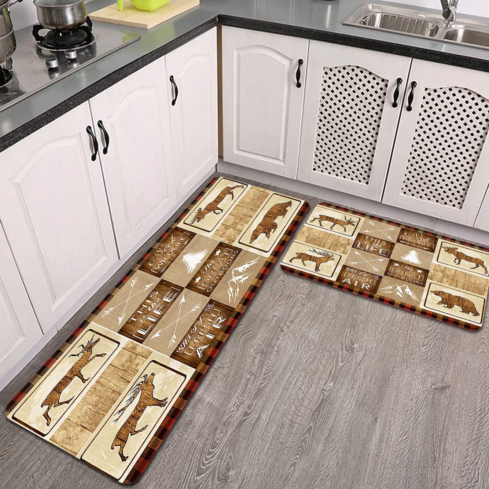 2 Pieces Country Style Rustic Cabin Wildlife Non-Slip Kitchen Rug Set,Lodge Bear Moose Deer Water Absorb Microfiber Bathroom Mat Checkered Doormat Carpet for Laundry