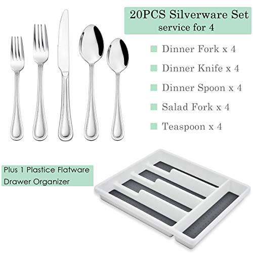 20-Piece Silverware Set with Drawer Organizer, HaWare Stainless Steel Flatware Service for 4, Modern Tableware Cutlery with Pearled Edge, Eating Utensil for Home, Mirror Polished, Dishwasher Safe