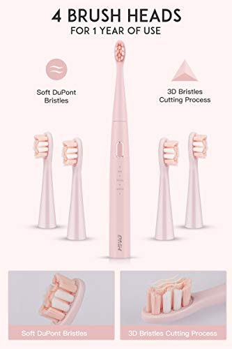 DMH Electric Toothbrush, Sonic Electric Toothbrush Powerful Cleaning, Rechargeable Travel Toothbrush with 4 Brush Heads, 3 Modes, 4 Hour Fast Charge for 60 Days Use, Pink