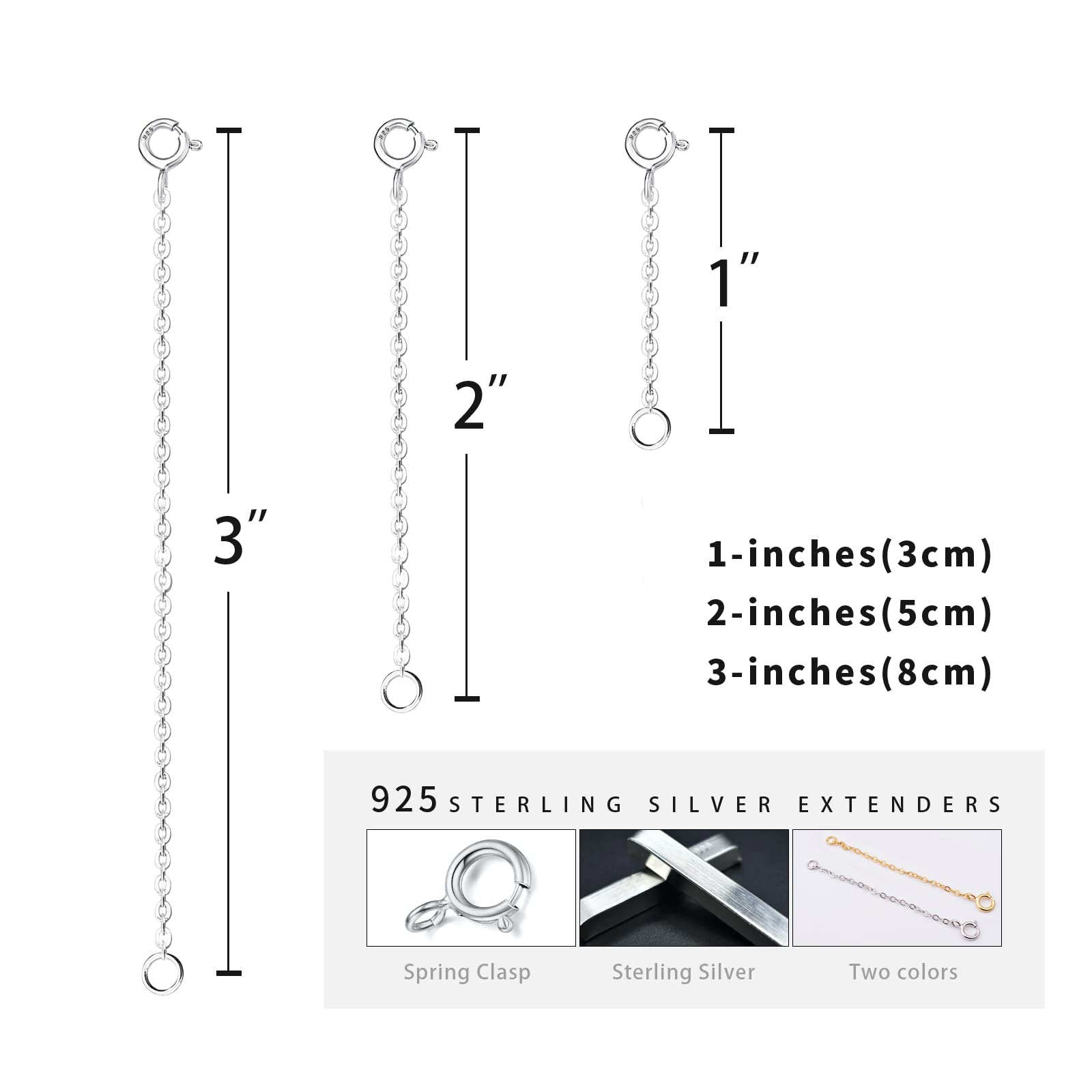 ADMITRY 925 Sterling Silver Necklace Extender,Durable Chain Extenders,Necklace Bracelet Anklet Jewelry Extension for Women (1 2 3 Inch)