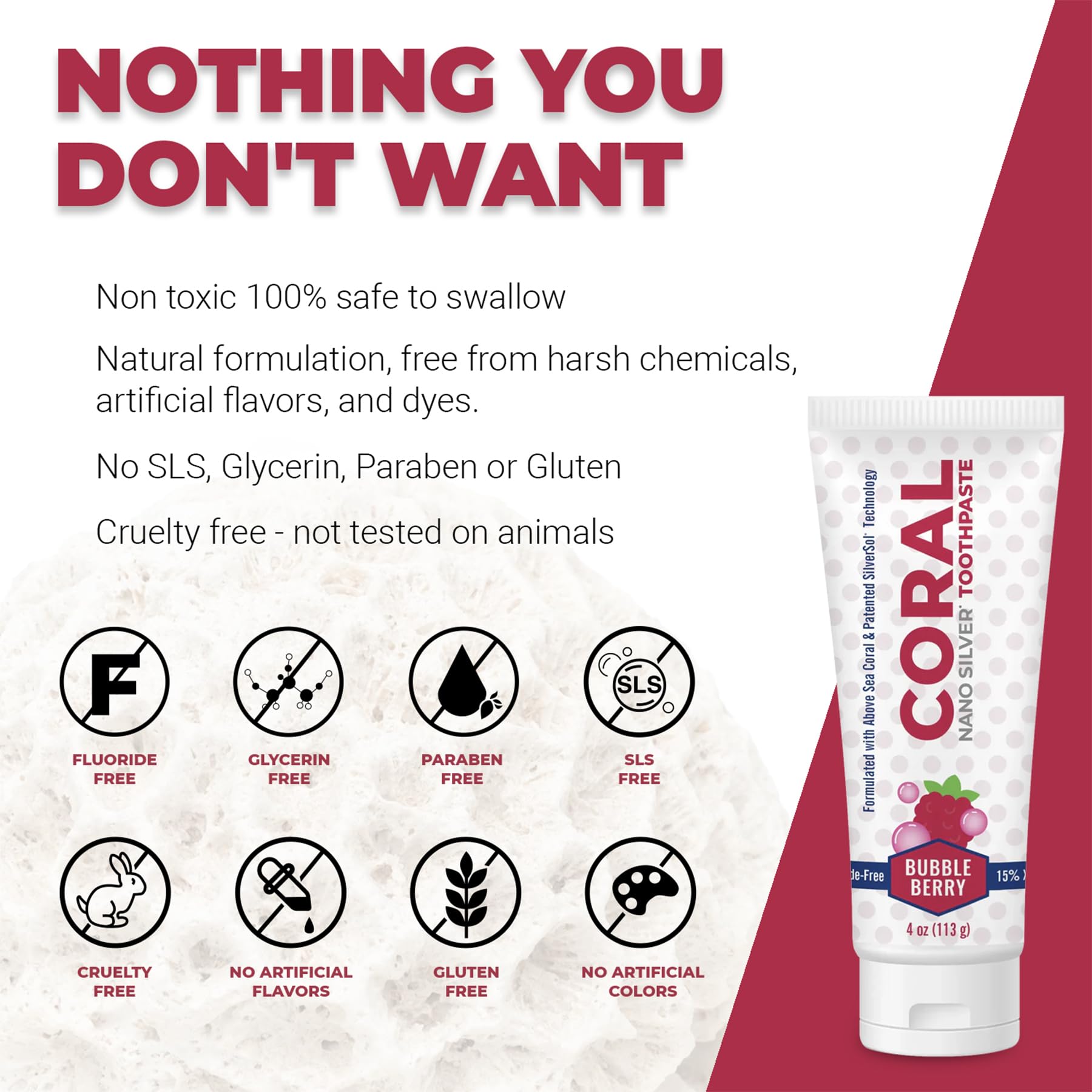 Coral Nano Silver Bubble Berry Kids Toothpaste, Natural Fluoride Free Teeth Whitening Toothpaste, Coral Calcium Nano Silver Infused SLS Free - 4 Ounces (2 Pack)