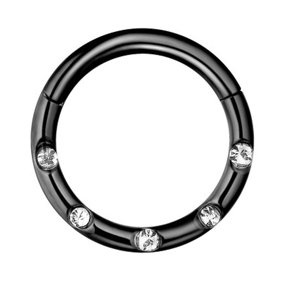 16 Gauge - 7MM Diameter Black Anodized Surgical Steel 5 Crystal Stones Paved Hinged Segment Nose Ring Septum Piercing