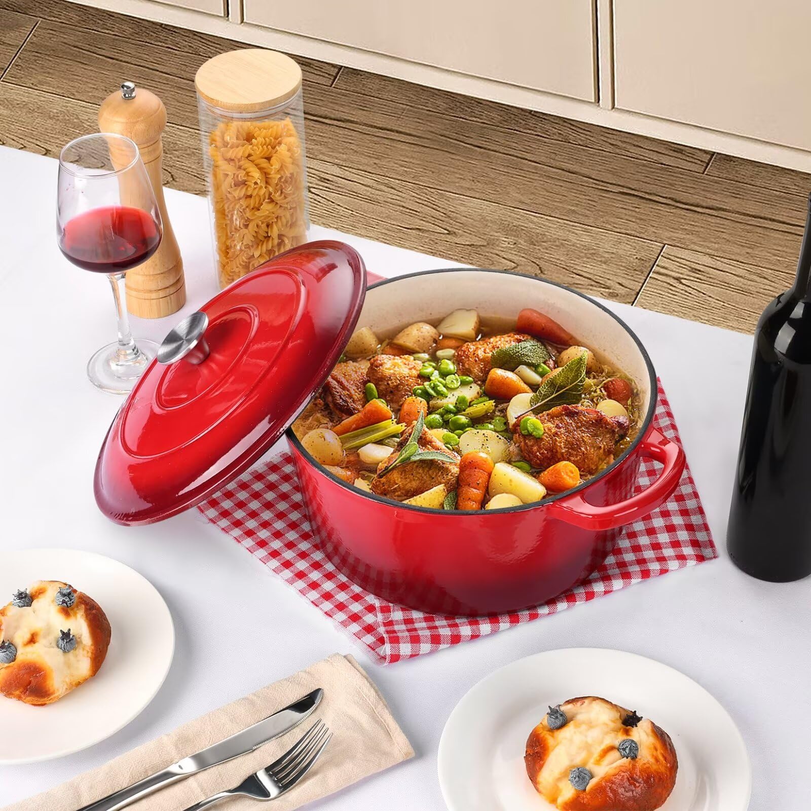 6 Quart Enameled Dutch Oven with Lid, P&P CHEF 6 Qt Cast Iron Dutch Oven Pot, Enamel Round Dutch Oven Cooking Stock Pot for Braising, Stewing, Roasting, Baking, Various Stoves & Oven Safe (Red)