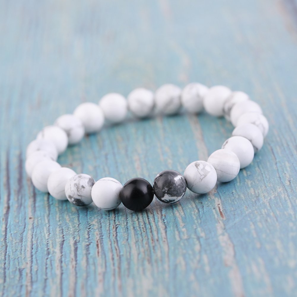 2 Pcs Couple Distance Relationship Bracelets Black Matte Agate & White Howlite Energy Beads Stone Ying Yang Balance Bracelet Banglet for Lovers Touch Bracelets Long Distance Relationship¡