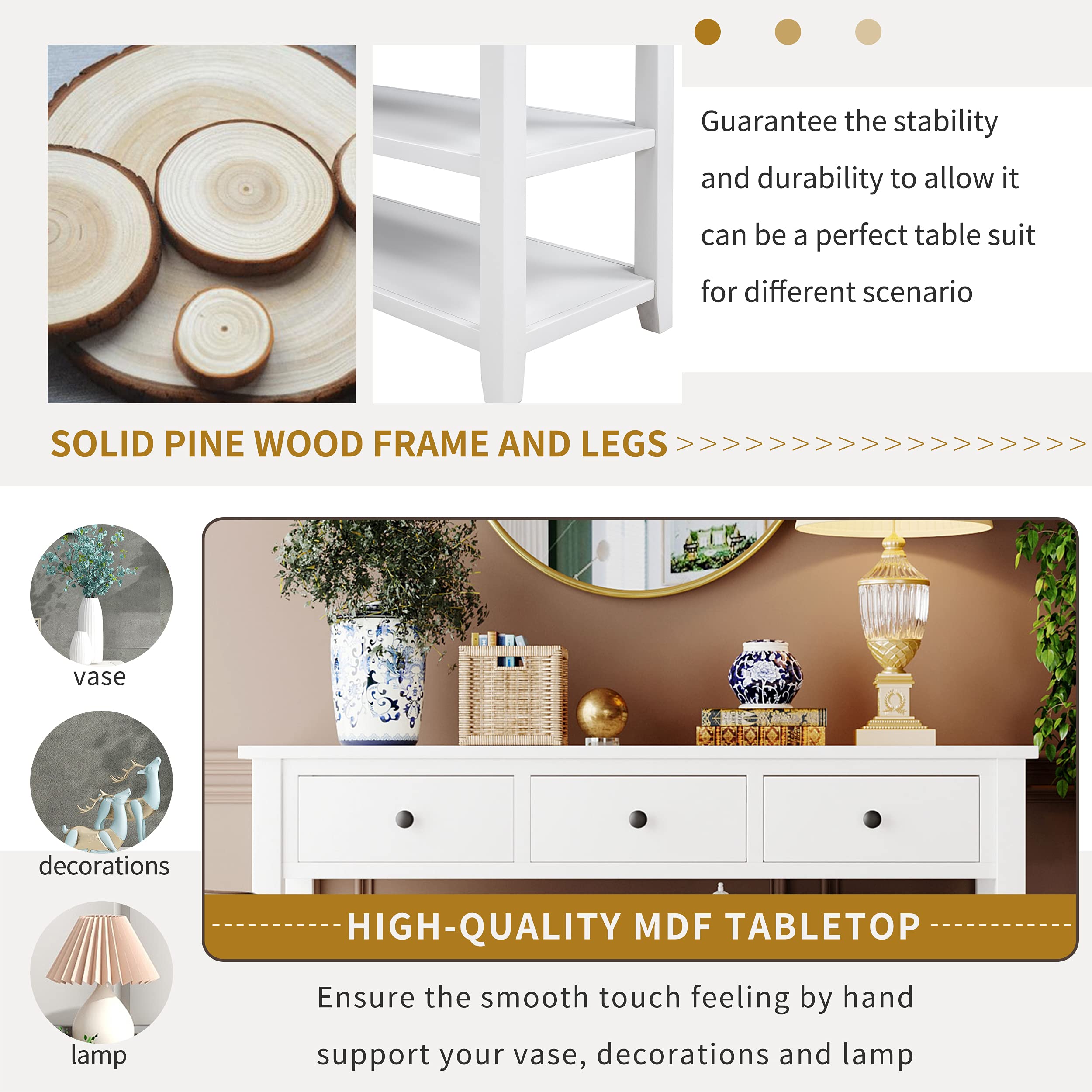 Merax Antique White Farmhouse Wood Table for Hallways Entryway Narrow Foyer Sideboard with Drawers and Bottom Shelves Easy Assemble, Type 11