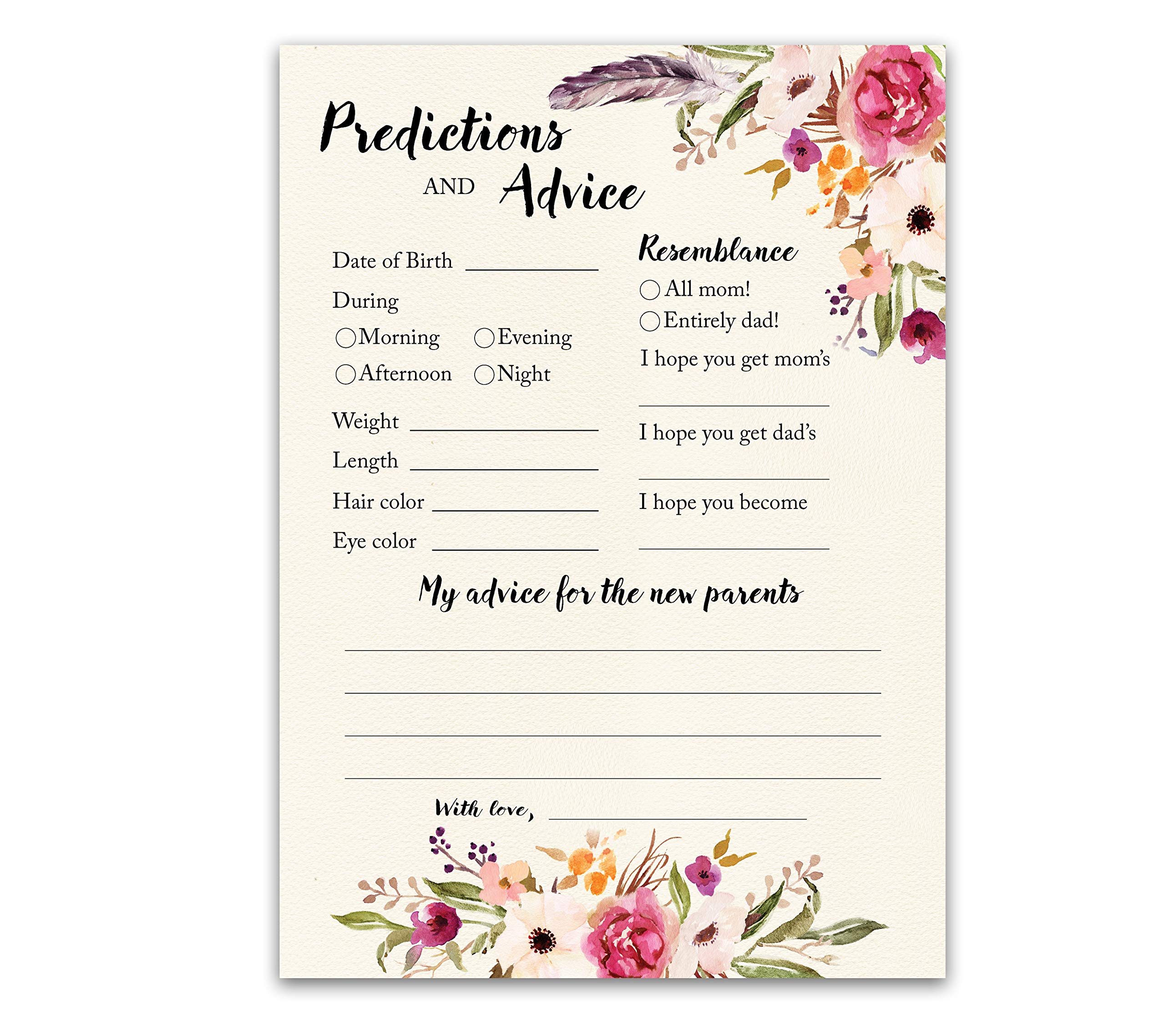 BOHO Prediction and Advice Cards - Pack of 25 - BOHEMIAN Pink GIRL Baby Shower Games, Floral Wishes for New Parents Mom & Dad to be Mommy & Daddy Message, Coed Shower Activity Keepsake Book G400-PDAV