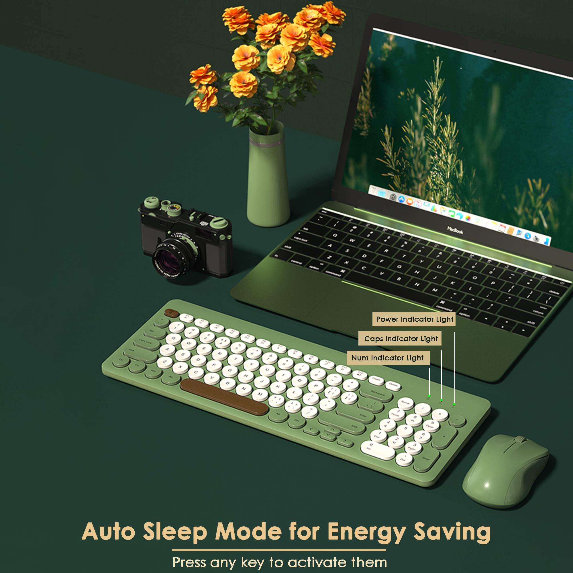 Wireless Keyboard and Mouse Combo, Superbcco 2.4GHz USB Cordless Computer Keyboard with Numeric Keypad, Quiet Click, Round Keys, Slim for Desktop/PC/Laptop/Surface/Windows OS (Chocolate Green)