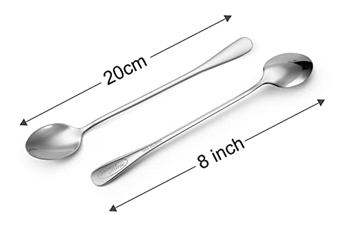 Marco Almond® KYA60 Iced Tea Spoon, Ice Cream Spoon, Titanium Coated Stainless Steel Long Handle Spoons for Coffee, Cocktail Stirring, Milkshake, Latte, Pack of 8, Silver