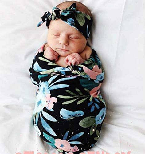 MarJunSep Newborn Baby Swaddle Blankets Headbands Beanie Hats Sets Including 3 Pack of Receiving Blanket & Headband & Beanie Hat Floral Pattern Swaddle Sack for Baby Shower Infant Gift (0-3 Months)