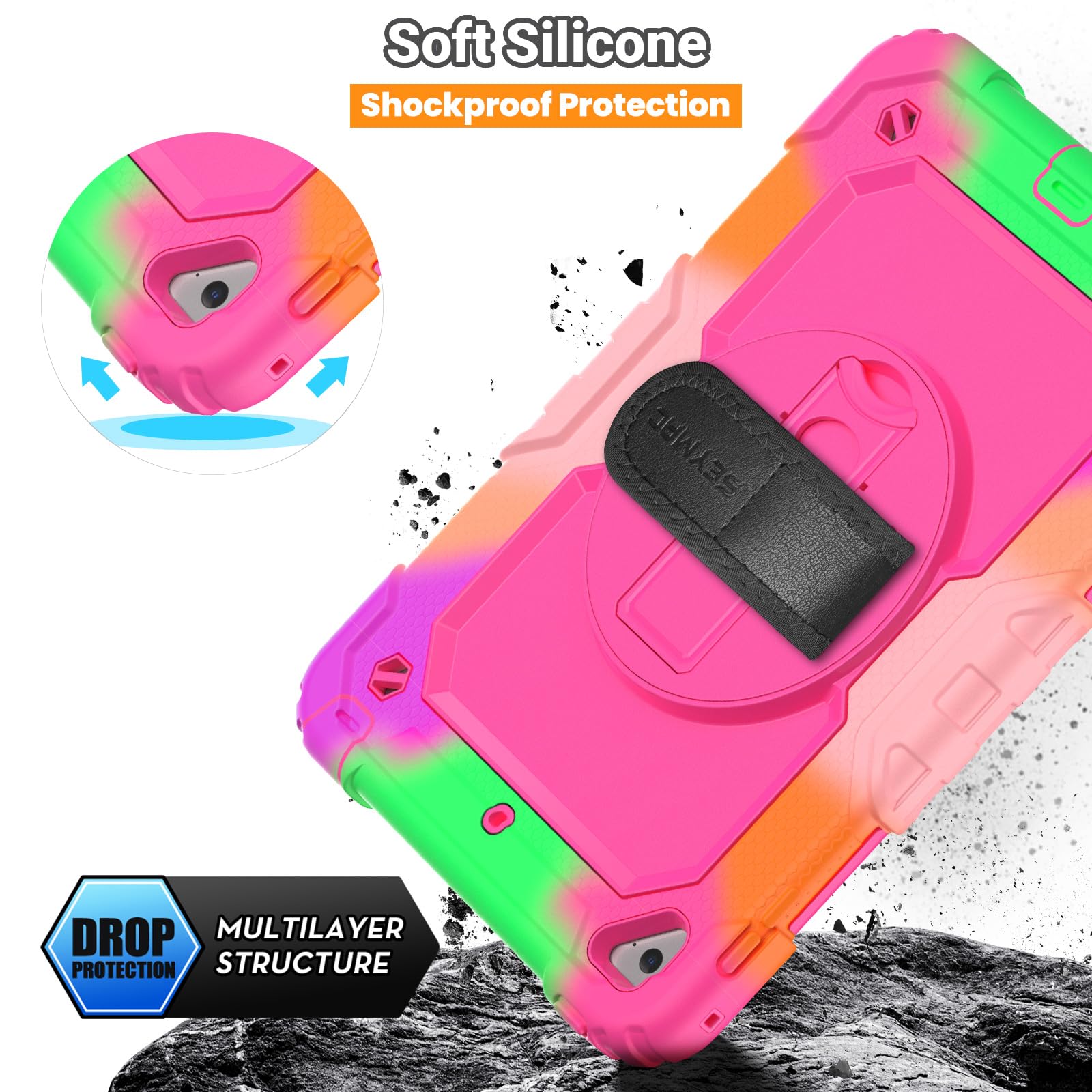 SEYMAC for iPad Mini 5/4 Case, 7.9 Inch, Sturdy Heavy Duty Shockproof Full-Body Protective Case with Screen Protector, Rotating Stand, Hand/Shoulder Strap, Camo/Pink