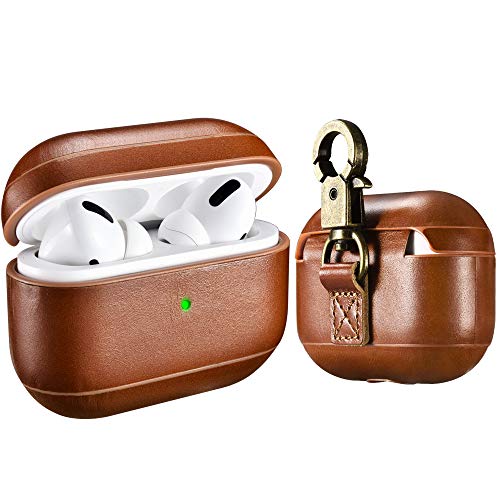 AirPods Pro Leather Case with Strap, ICARER Genuine Leather Portable Protective Shockproof Cover for Apple AirPods Pro case Keychain Support Wireless Charging (Brown)