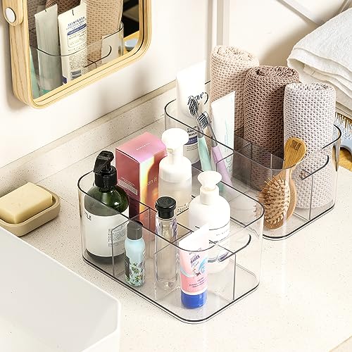 5-Compartment Clear Plastic Bin - Divided Cosmetic Makeup Caddy Organizer - Multiuse Storage Container for Vanity, Bathroom, Kitchen, Pantry, Office, Craft, Utensil, Shower, Cleaning Items, (1 Pack)