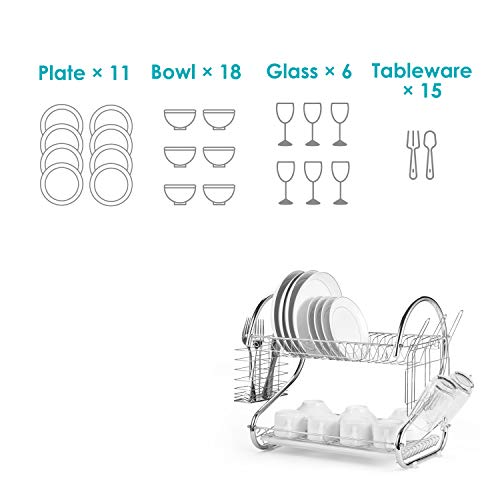 Glotoch 2-Tier Full Sized Dish Drying Rack with Utensil Holder and Cup Holder with Dish Water Drain Board Tray Rustproof Chrome Plating 16.5 x 10 x 15 Inches Storage Space Saving Kitchen Organizer