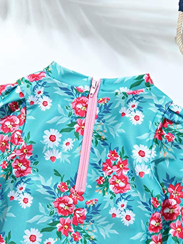 MSemis Infant Baby Girls Floral Printed Ruffled Back Rash Guard UPF 50+ Swimwear Swimsuit Bathing Suit Blue 18-24 Months