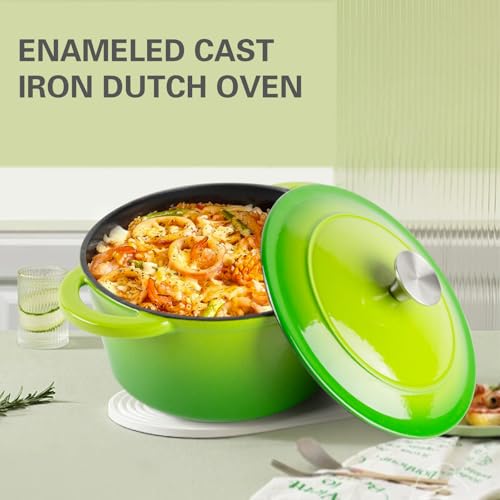 2.6 QT Enameled Dutch Oven Pot with Lid, Cast Iron Dutch Oven with Dual Handles for Bread Baking, Cooking, Non-stick Enamel Coated Cookware (Apple Green)